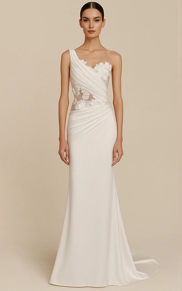 Chiffon One-shoulder Sheath Applique Draped Tall Wedding Dress (IV ...